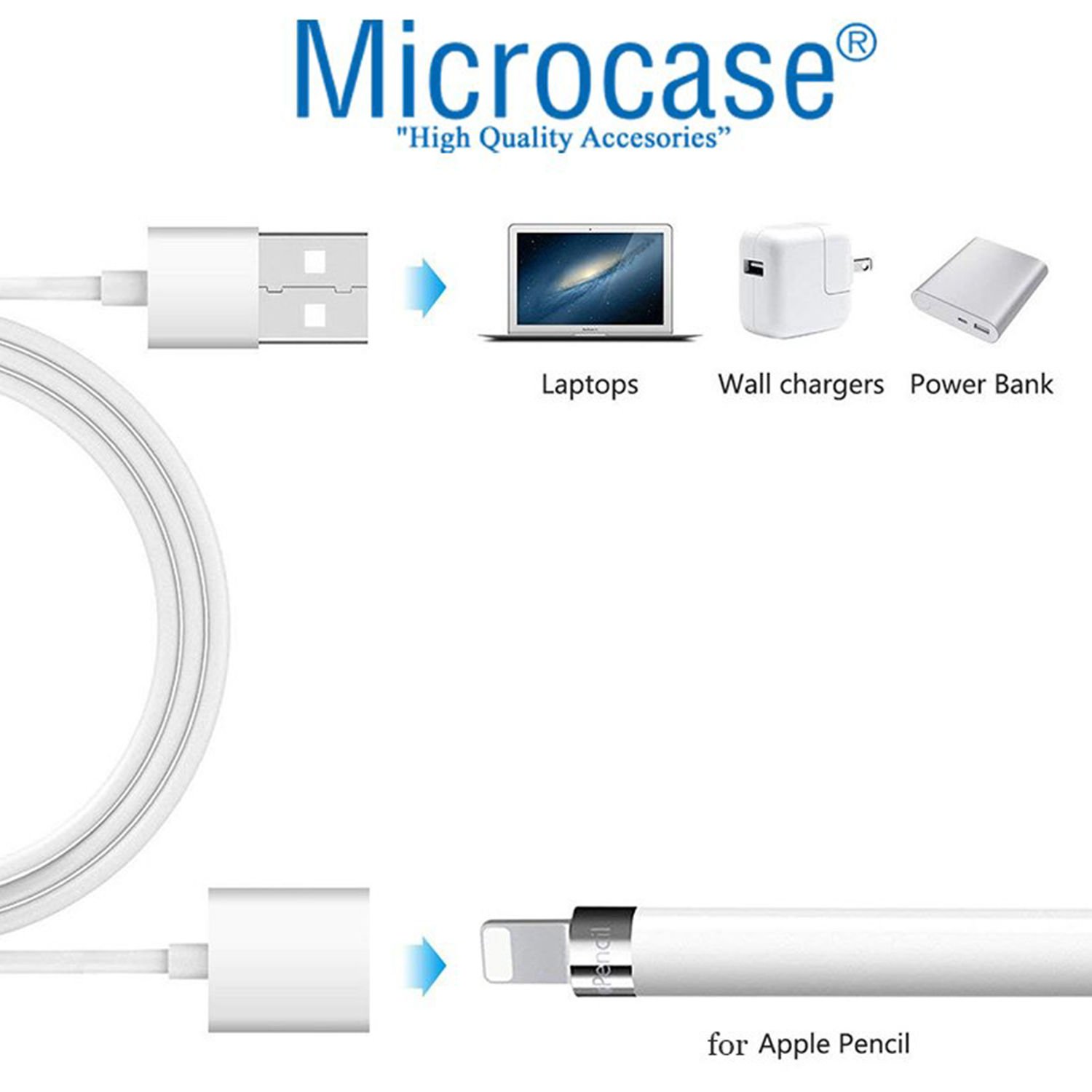 Microcase Apple Pencil Uzatma Adaptör Kablo 8 Pin To Usb - Beyaz AL4074